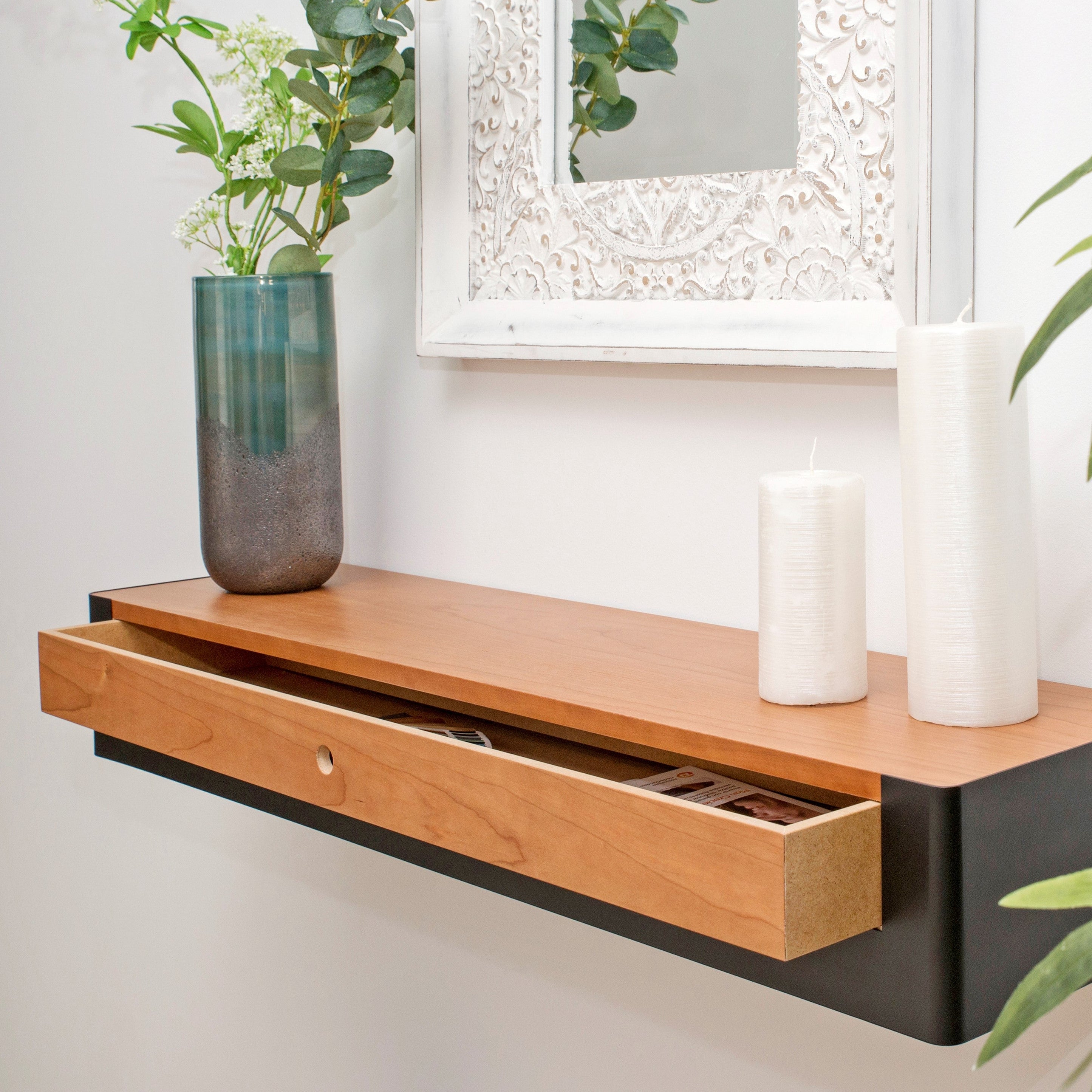 Wall Mounted 60cm Metal Console Table wooden top & drawers for Entry ...